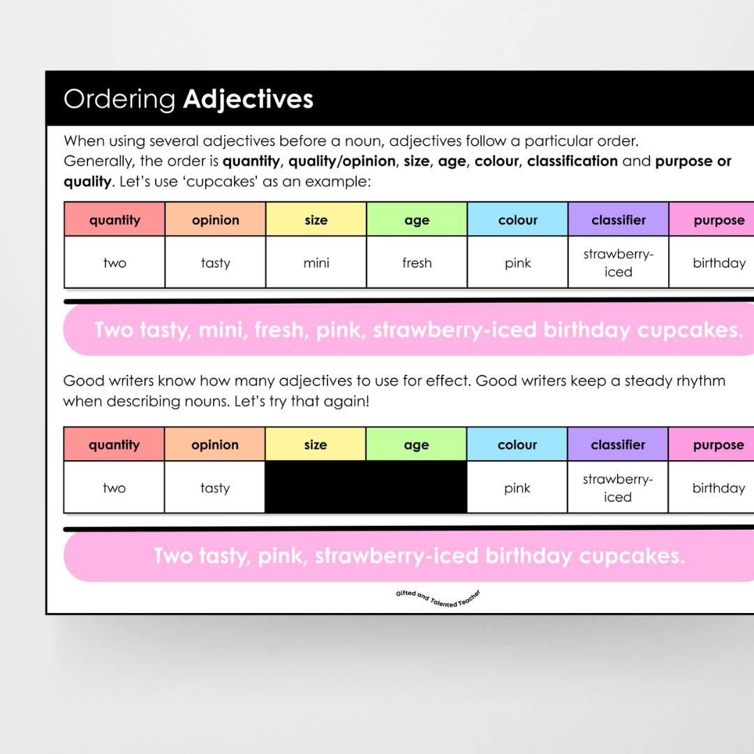 Ordering Adjectives Example Poster - Rainbow Classroom Decor | Gifted ...