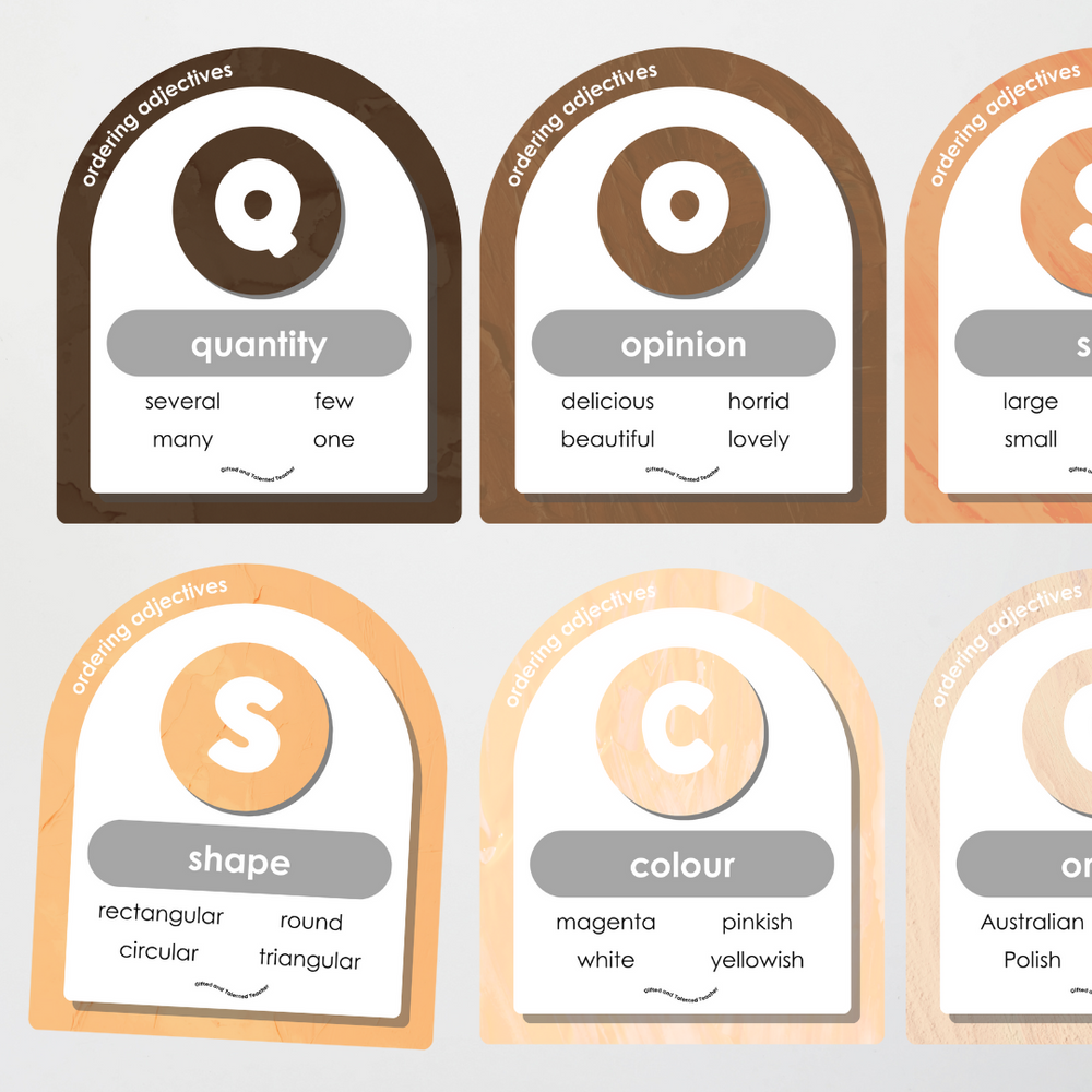 Ordering Adjectives Display - Neutral Classroom Decor Teacher Resource