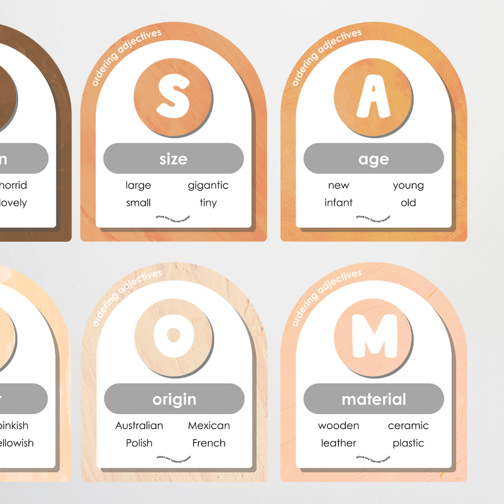 Ordering Adjectives Display - Neutral Classroom Decor Teacher Resource