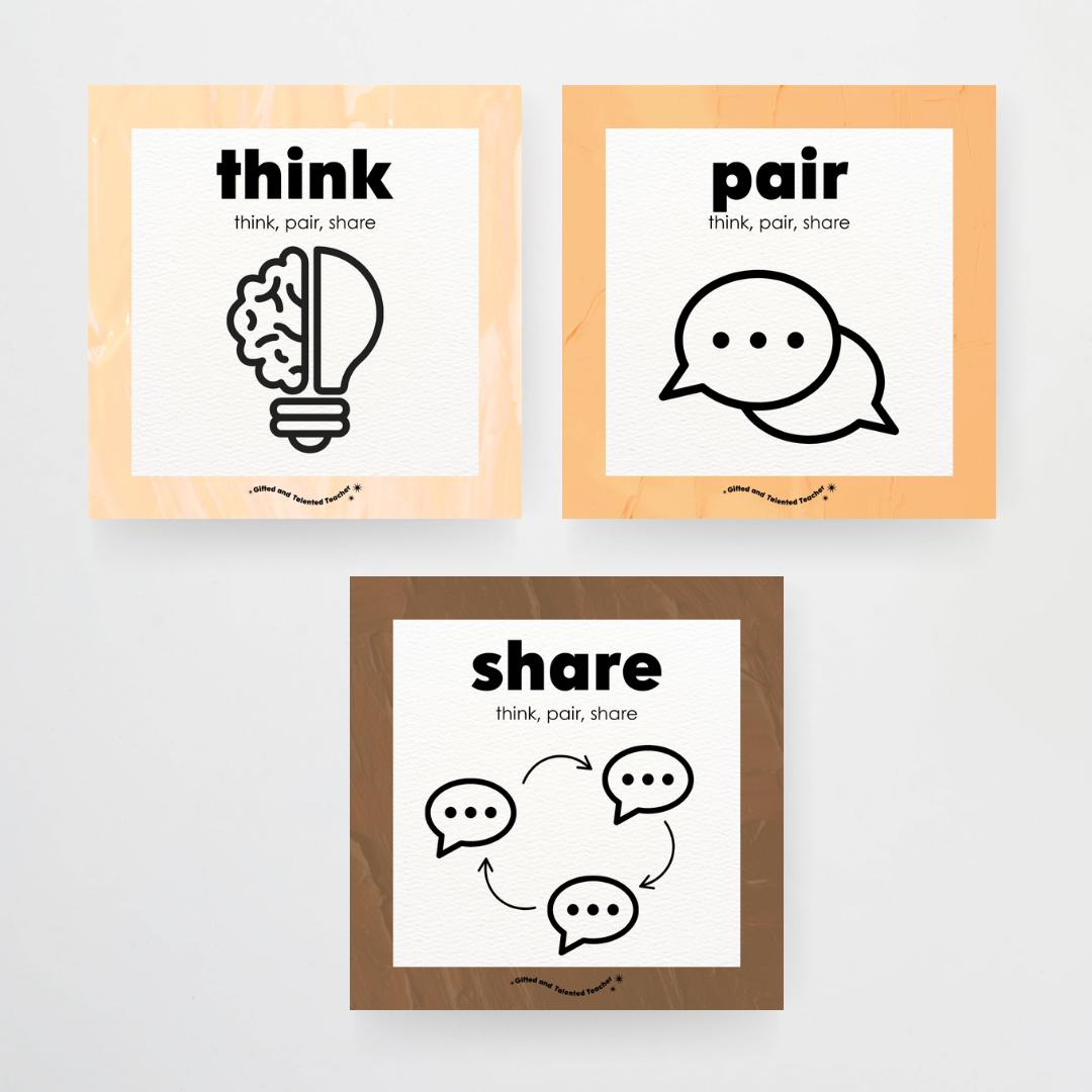 Think, Pair, Share Wall Display & Square Icons Neutral Classroom Decor