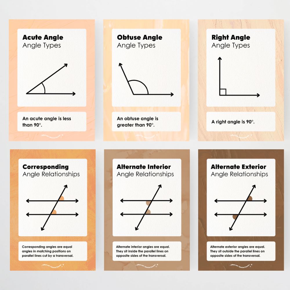 Angle Types and Relationships Posters Bundle - Neutral Classroom Decor