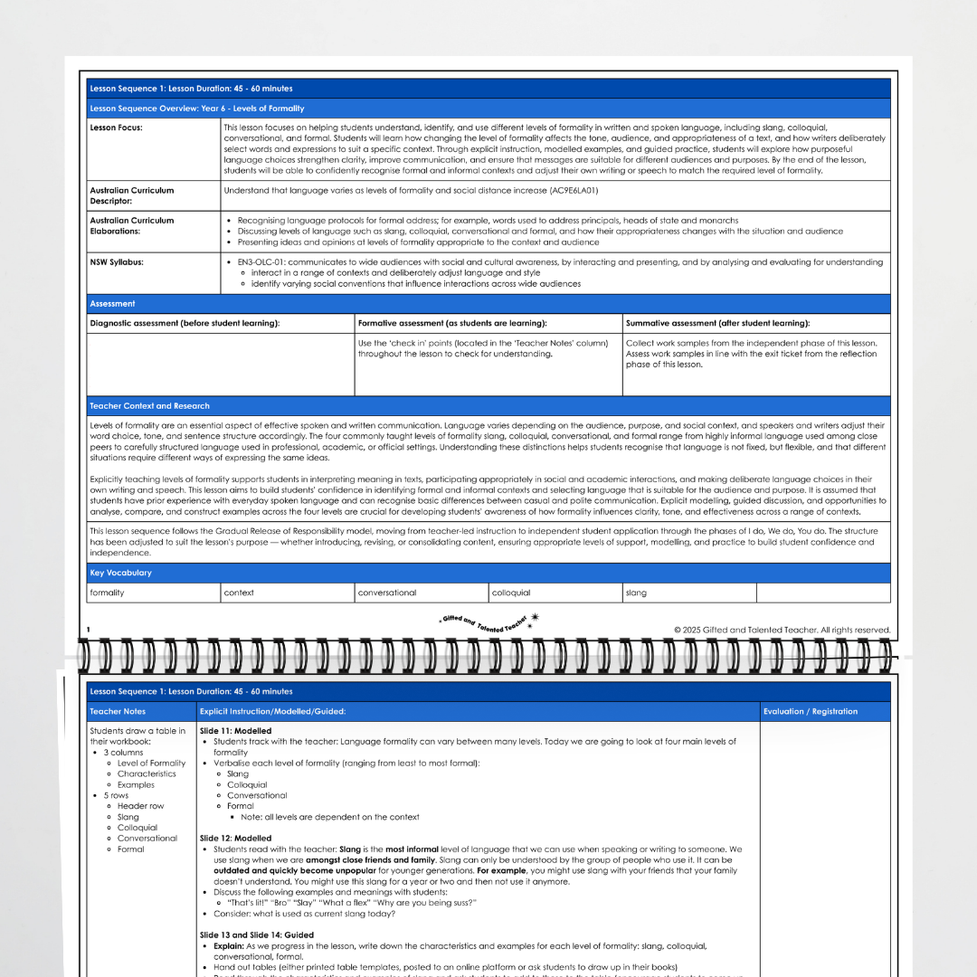 Levels of Formality in Text Lesson Sequence and Teacher Resource